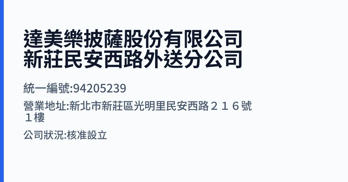 達美樂披薩股份有限公司新莊民安西路外送分公司 - 統編 94205239(新北市) 公司登記資料與營業項目詳細圖表