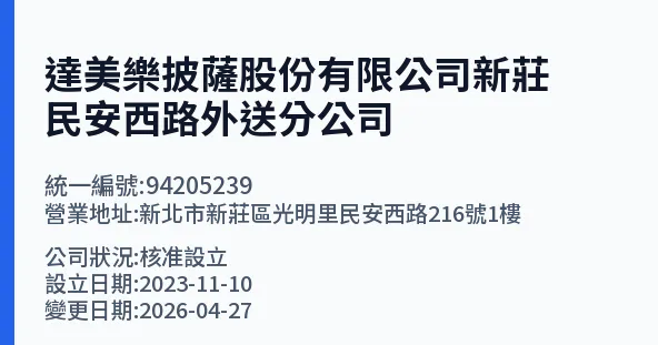 達美樂披薩股份有限公司新莊民安西路外送分公司的照片-統編 94205239(新北市) 公司登記資料與營業項目詳細圖表