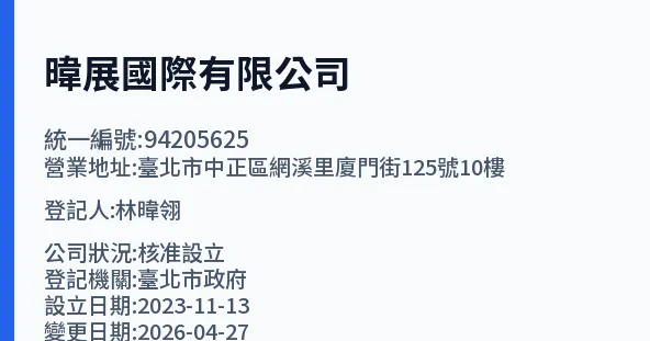 暐展國際有限公司的照片-統編 94205625(臺北市) 公司登記資料與營業項目詳細圖表