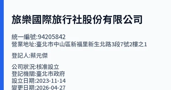 旅樂國際旅行社股份有限公司的照片-統編 94205842(臺北市) 公司登記資料與營業項目詳細圖表