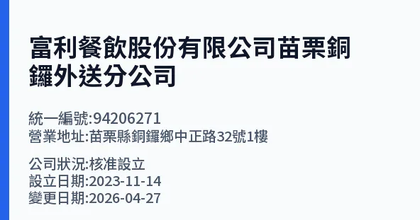 富利餐飲股份有限公司苗栗銅鑼外送分公司的照片-統編 94206271(苗栗縣) 公司登記資料與營業項目詳細圖表