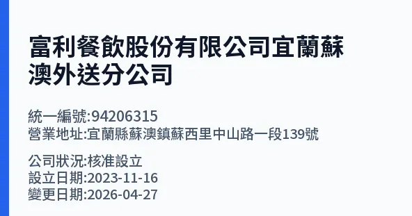 富利餐飲股份有限公司宜蘭蘇澳外送分公司的照片-統編 94206315(宜蘭縣) 公司登記資料與營業項目詳細圖表