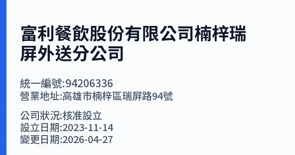 富利餐飲股份有限公司楠梓瑞屏外送分公司的照片-統編 94206336(高雄市) 公司登記資料與營業項目詳細圖表