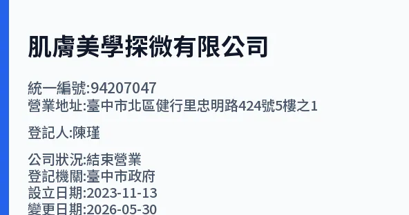 肌膚美學探微有限公司的照片-統編 94207047(臺中市) 公司登記資料與營業項目詳細圖表