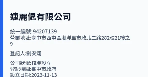 婕麗偲有限公司的照片-統編 94207139(臺中市) 公司登記資料與營業項目詳細圖表
