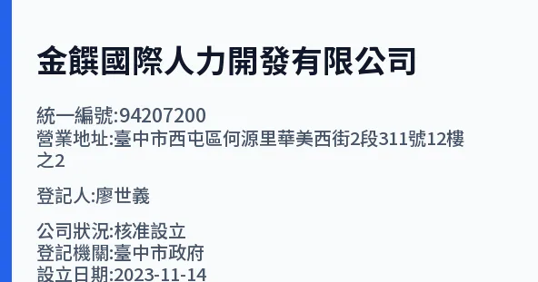 金饌國際人力開發有限公司的照片-統編 94207200(臺中市) 公司登記資料與營業項目詳細圖表