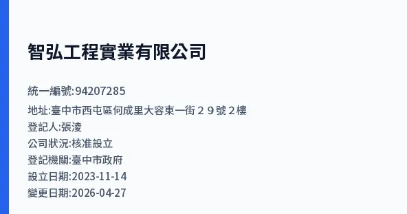 智弘工程實業有限公司的照片-統編 94207285(臺中市) 公司登記資料與營業項目詳細圖表