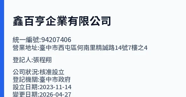 鑫百亨企業有限公司的照片-統編 94207406(臺中市) 公司登記資料與營業項目詳細圖表