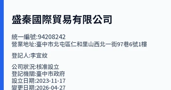 盛秦國際貿易有限公司的照片-統編 94208242(臺中市) 公司登記資料與營業項目詳細圖表