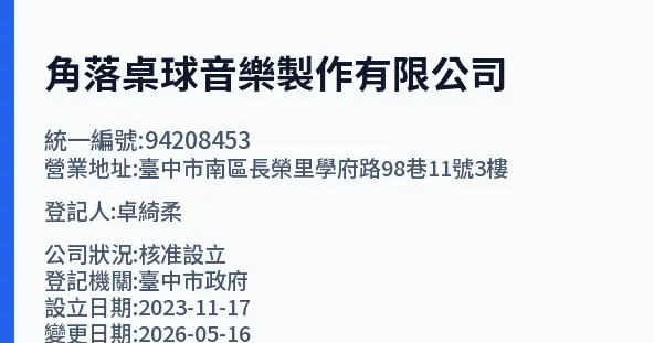 角落桌球音樂製作有限公司的照片-統編 94208453(臺中市) 公司登記資料與營業項目詳細圖表