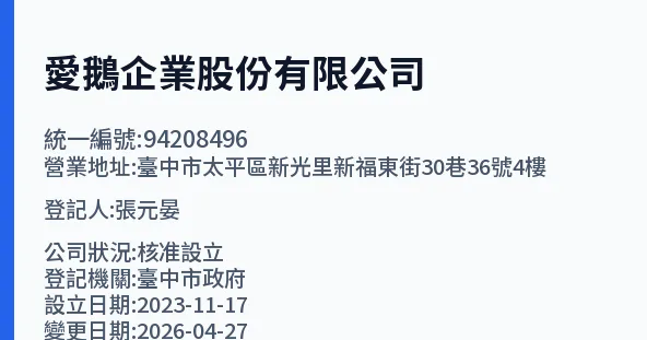 愛鵝企業股份有限公司的照片-統編 94208496(臺中市) 公司登記資料與營業項目詳細圖表