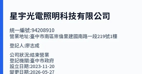 星宇光電照明科技有限公司的照片-統編 94208910(臺中市) 公司登記資料與營業項目詳細圖表