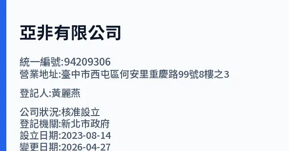 亞非有限公司的照片-統編 94209306(臺中市) 公司登記資料與營業項目詳細圖表