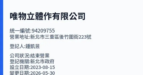 唯物立體作有限公司的照片-統編 94209755(新北市) 公司登記資料與營業項目詳細圖表
