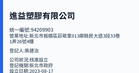 進益塑膠有限公司的照片-統編 94209903(新北市) 公司登記資料與營業項目詳細圖表