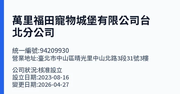 萬里福田寵物城堡有限公司台北分公司的照片-統編 94209930(臺北市) 公司登記資料與營業項目詳細圖表