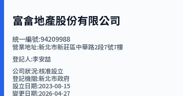富畣地產股份有限公司的照片-統編 94209988(新北市) 公司登記資料與營業項目詳細圖表