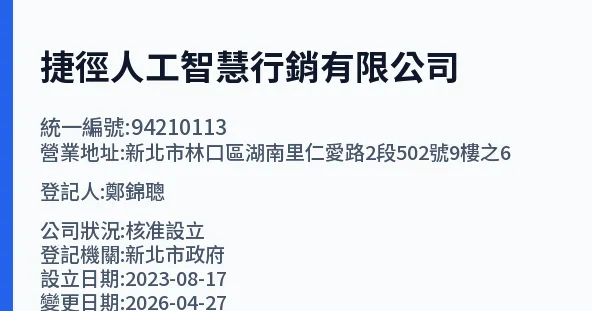捷徑人工智慧行銷有限公司的照片-統編 94210113(新北市) 公司登記資料與營業項目詳細圖表