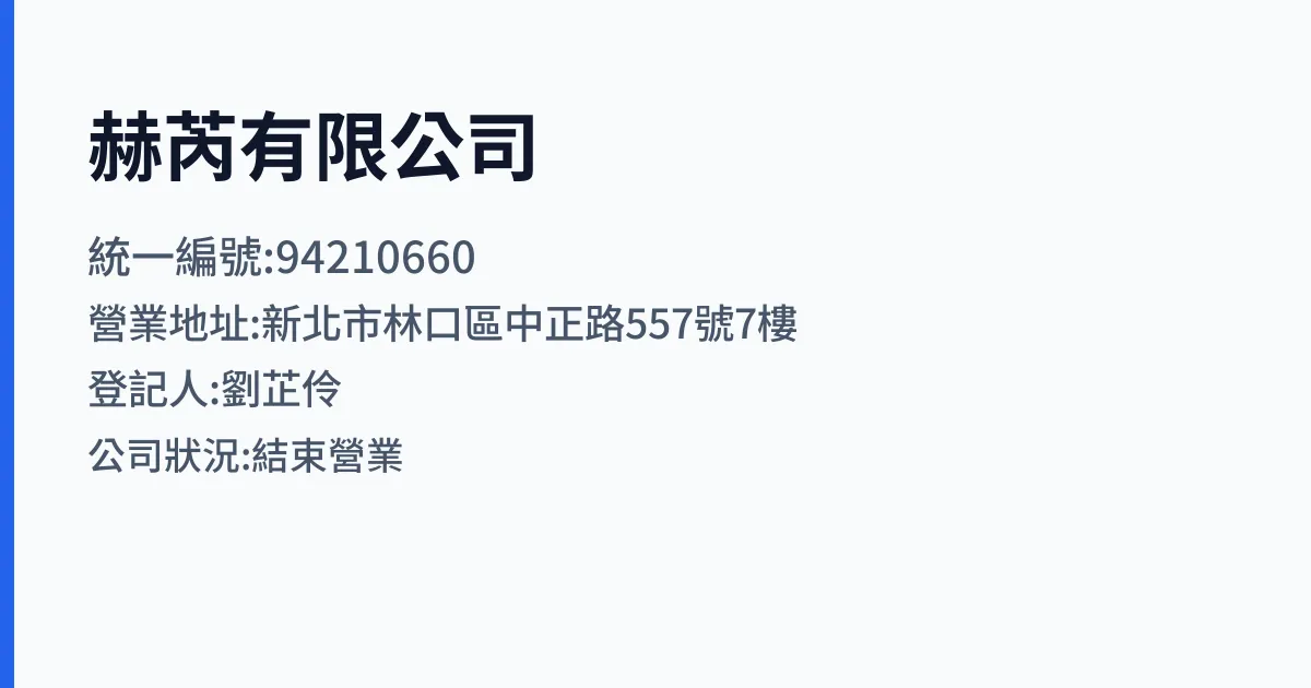 赫芮有限公司 - 統編 94210660(新北市) 公司登記資料與營業項目詳細圖表