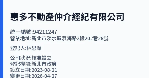 惠多不動產仲介經紀有限公司的照片-統編 94211247(新北市) 公司登記資料與營業項目詳細圖表