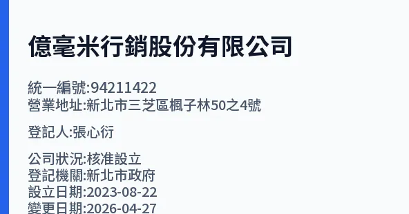 億毫米行銷股份有限公司的照片-統編 94211422(新北市) 公司登記資料與營業項目詳細圖表