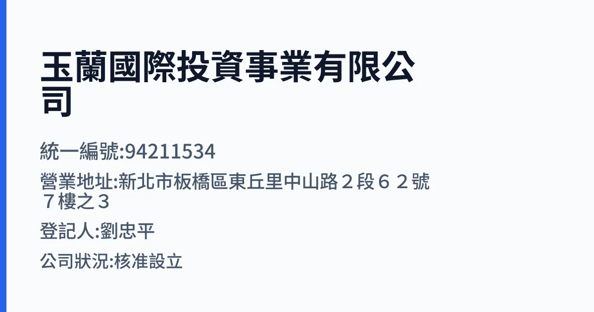 玉蘭國際投資事業有限公司 - 統編 94211534（新北市） 公司登記資料與營業項目詳細圖表