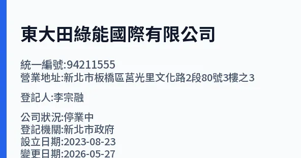 東大田綠能國際有限公司的照片-統編 94211555(新北市) 公司登記資料與營業項目詳細圖表