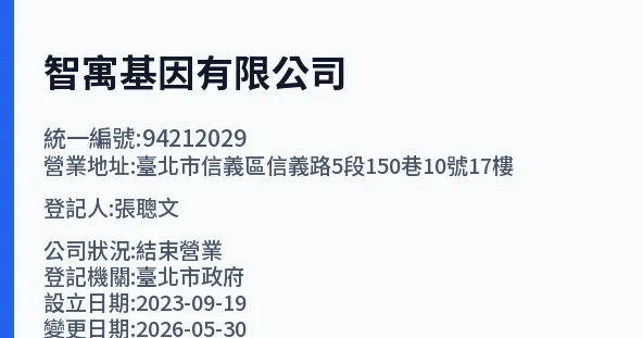 智寓基因有限公司的照片-統編 94212029(臺北市) 公司登記資料與營業項目詳細圖表