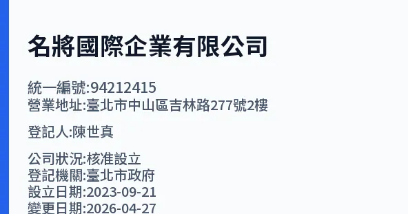 名將國際企業有限公司的照片-統編 94212415(臺北市) 公司登記資料與營業項目詳細圖表