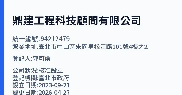 鼎建工程科技顧問有限公司的照片-統編 94212479(臺北市) 公司登記資料與營業項目詳細圖表