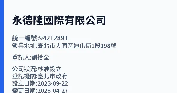 永德隆國際有限公司的照片-統編 94212891(臺北市) 公司登記資料與營業項目詳細圖表