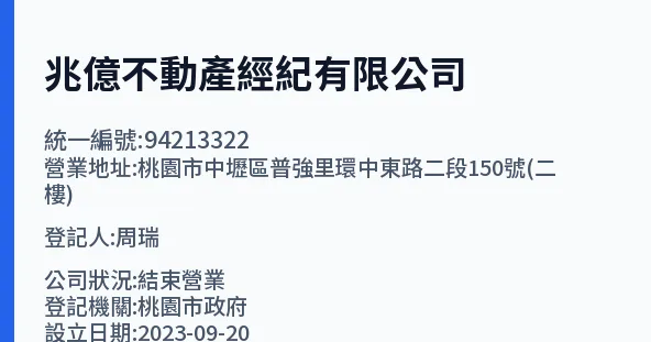 兆億不動產經紀有限公司的照片-統編 94213322(桃園市) 公司登記資料與營業項目詳細圖表