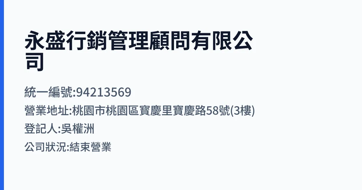 永盛行銷管理顧問有限公司 - 統編 94213569(桃園市) 公司登記資料與營業項目詳細圖表