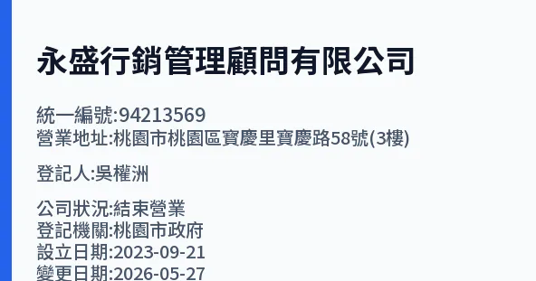永盛行銷管理顧問有限公司的照片-統編 94213569(桃園市) 公司登記資料與營業項目詳細圖表