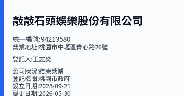 敲敲石頭娛樂股份有限公司的照片-統編 94213580(桃園市) 公司登記資料與營業項目詳細圖表