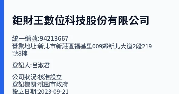 鉅財王數位科技股份有限公司的照片-統編 94213667(新北市) 公司登記資料與營業項目詳細圖表