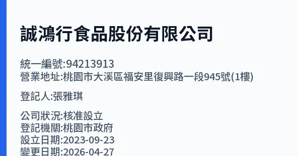 誠鴻行食品股份有限公司的照片-統編 94213913(桃園市) 公司登記資料與營業項目詳細圖表