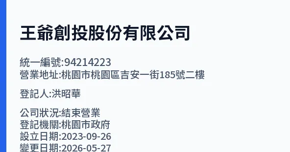 王爺創投股份有限公司的照片-統編 94214223(桃園市) 公司登記資料與營業項目詳細圖表