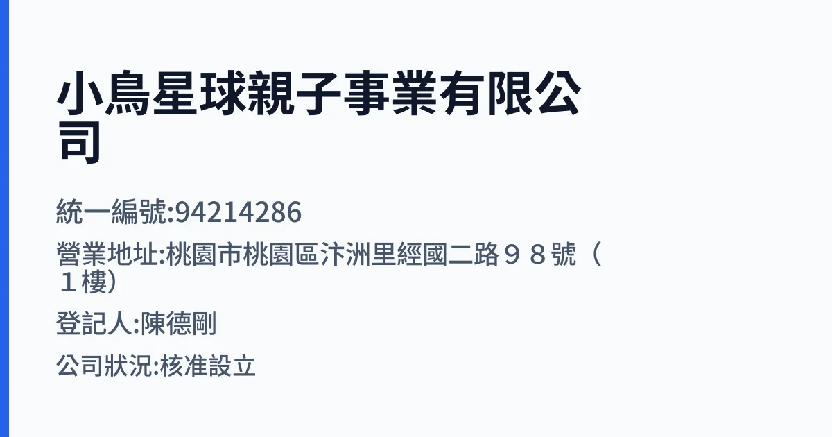 小鳥星球親子事業有限公司 - 統編 94214286(桃園市) 公司登記資料與營業項目詳細圖表