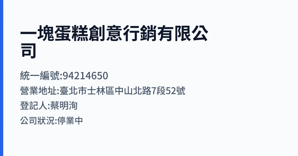 一塊蛋糕創意行銷有限公司 - 統編 94214650(臺北市) 公司登記資料與營業項目詳細圖表