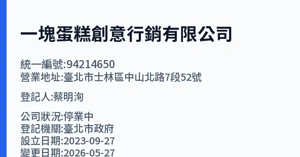 一塊蛋糕創意行銷有限公司的照片-統編 94214650(臺北市) 公司登記資料與營業項目詳細圖表