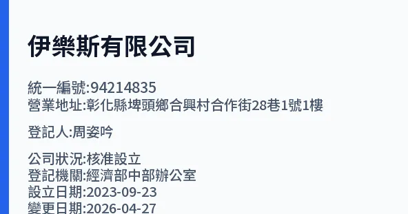 伊樂斯有限公司的照片-統編 94214835(彰化縣) 公司登記資料與營業項目詳細圖表