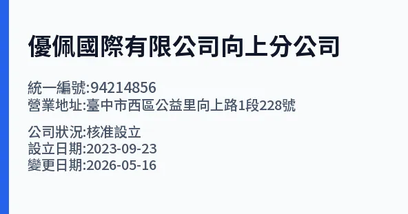 優佩國際有限公司向上分公司的照片-統編 94214856(臺中市) 公司登記資料與營業項目詳細圖表