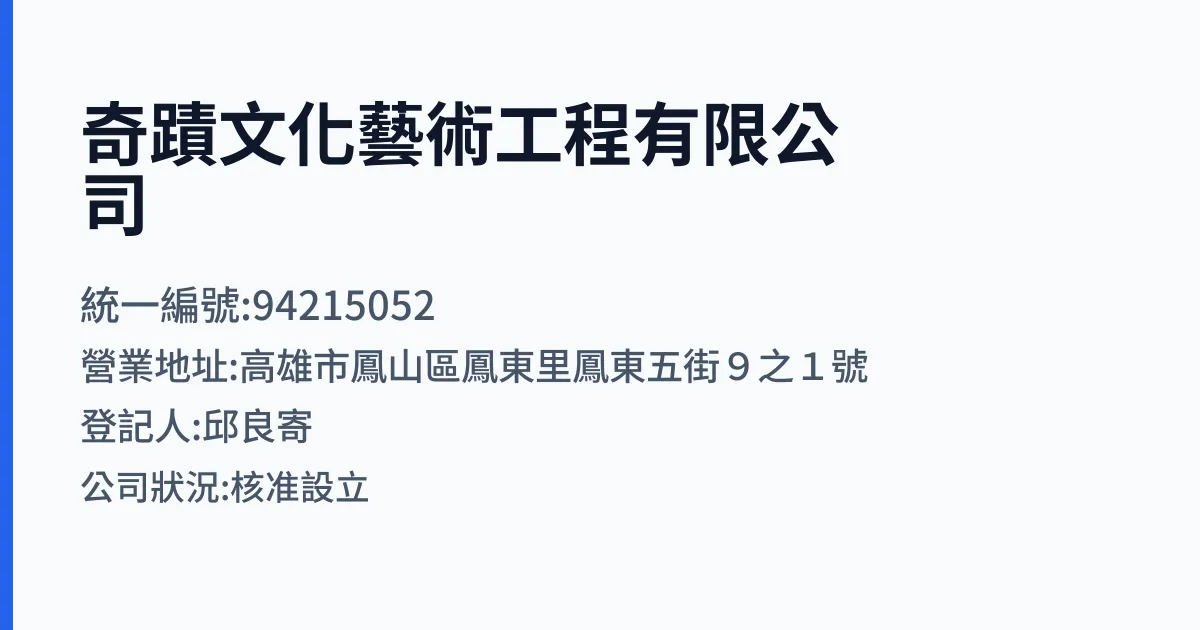 奇蹟文化藝術工程有限公司 - 統編 94215052(高雄市) 公司登記資料與營業項目詳細圖表