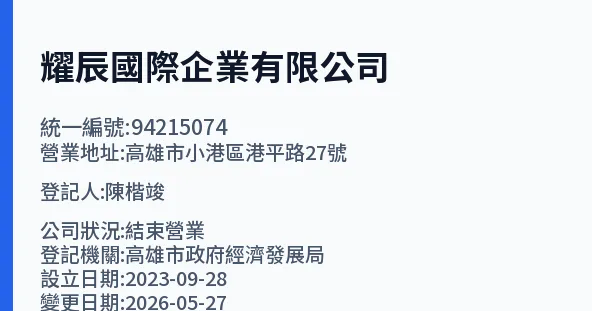 耀辰國際企業有限公司的照片-統編 94215074(高雄市) 公司登記資料與營業項目詳細圖表