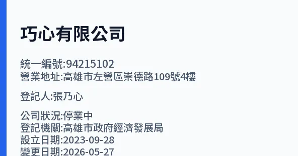 巧心有限公司的照片-統編 94215102(高雄市) 公司登記資料與營業項目詳細圖表