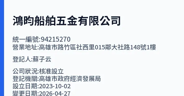 鴻昀船舶五金有限公司的照片-統編 94215270(高雄市) 公司登記資料與營業項目詳細圖表