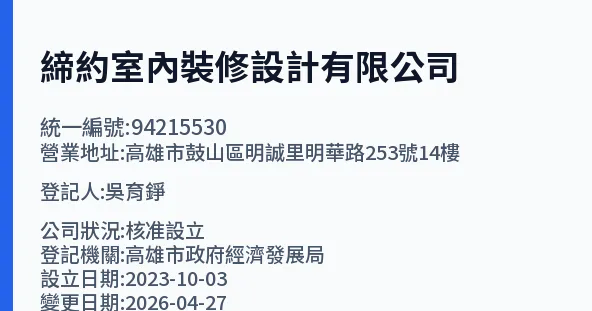 締約室內裝修設計有限公司的照片-統編 94215530(高雄市) 公司登記資料與營業項目詳細圖表