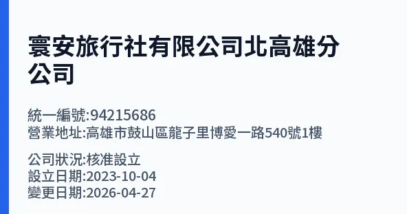 寰安旅行社有限公司北高雄分公司的照片-統編 94215686(高雄市) 公司登記資料與營業項目詳細圖表