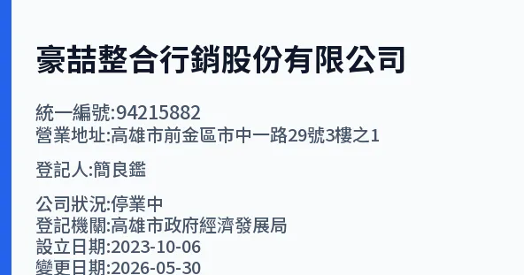 豪喆整合行銷股份有限公司的照片-統編 94215882(高雄市) 公司登記資料與營業項目詳細圖表